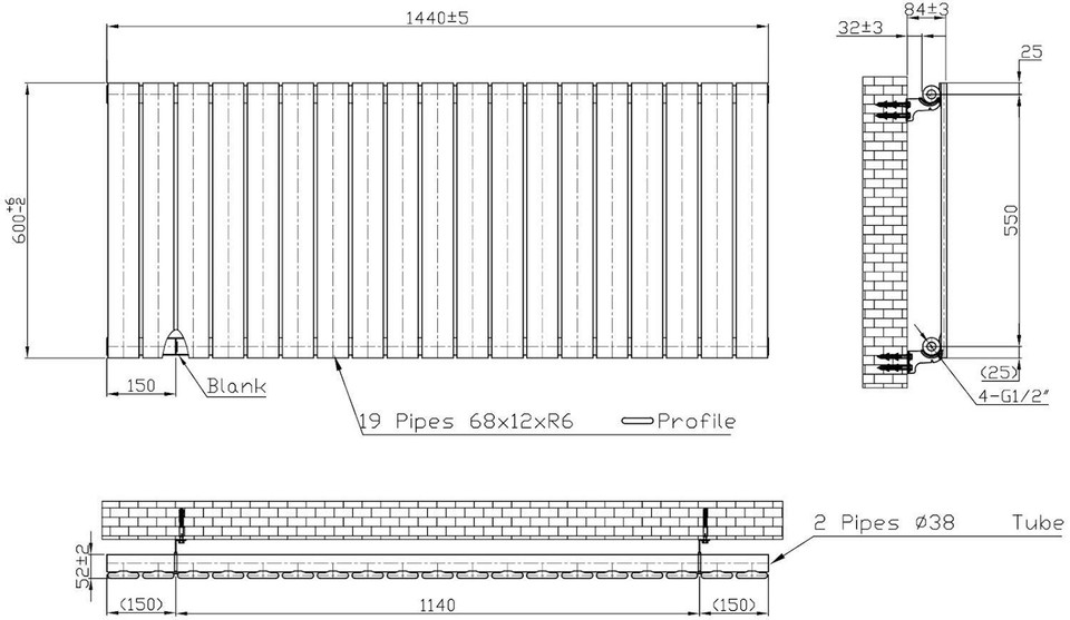 Black Designer Radiator Horizontal Flat Single Panel Rad 600x1440mm ...