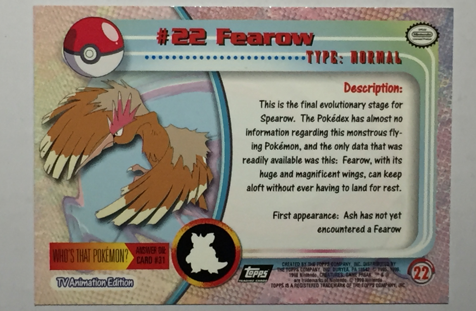 TOPPS - POKEMON - #22 FEAROW - 1999 TV ANIMATION EDITION - M-NM | eBay
