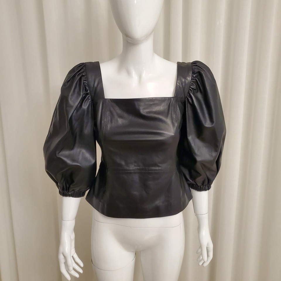 Nour Hammour Bella black leather princess sleeve square neck top NWT ...