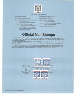USPS Souvenir First Day of Issue 05/24/91 Official Mail Stamp 19, 23 ...