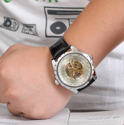 Jaragar Automatic Stainless Steel Leather Strap Skeleton Sports Watch ...