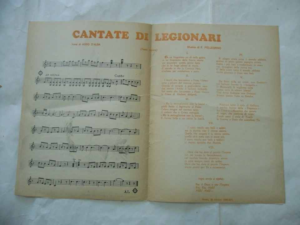 WW2 SPARTITO MUSICALE CANTATE DI LEGIONARI M.V.S.N.ME NE FREGO STARACE ...