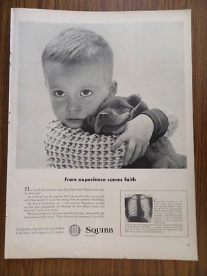 1952 E R Squibb Ad From Experience comes Faith Little Boy Hugging Puppy ...