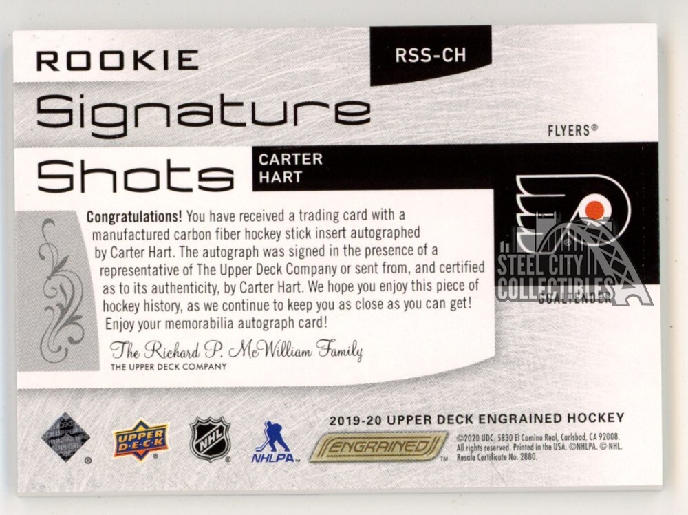 Carter Hart 2019-20 Upper Deck Engrained Rookie Signature Shots Auto ...