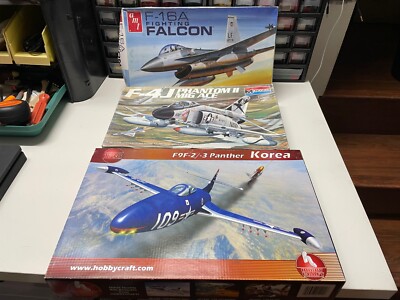 Lot of 3 Airplane Model Kits AMT F-16A Monogram F-4J Hobby Craft F9F-2/ ...