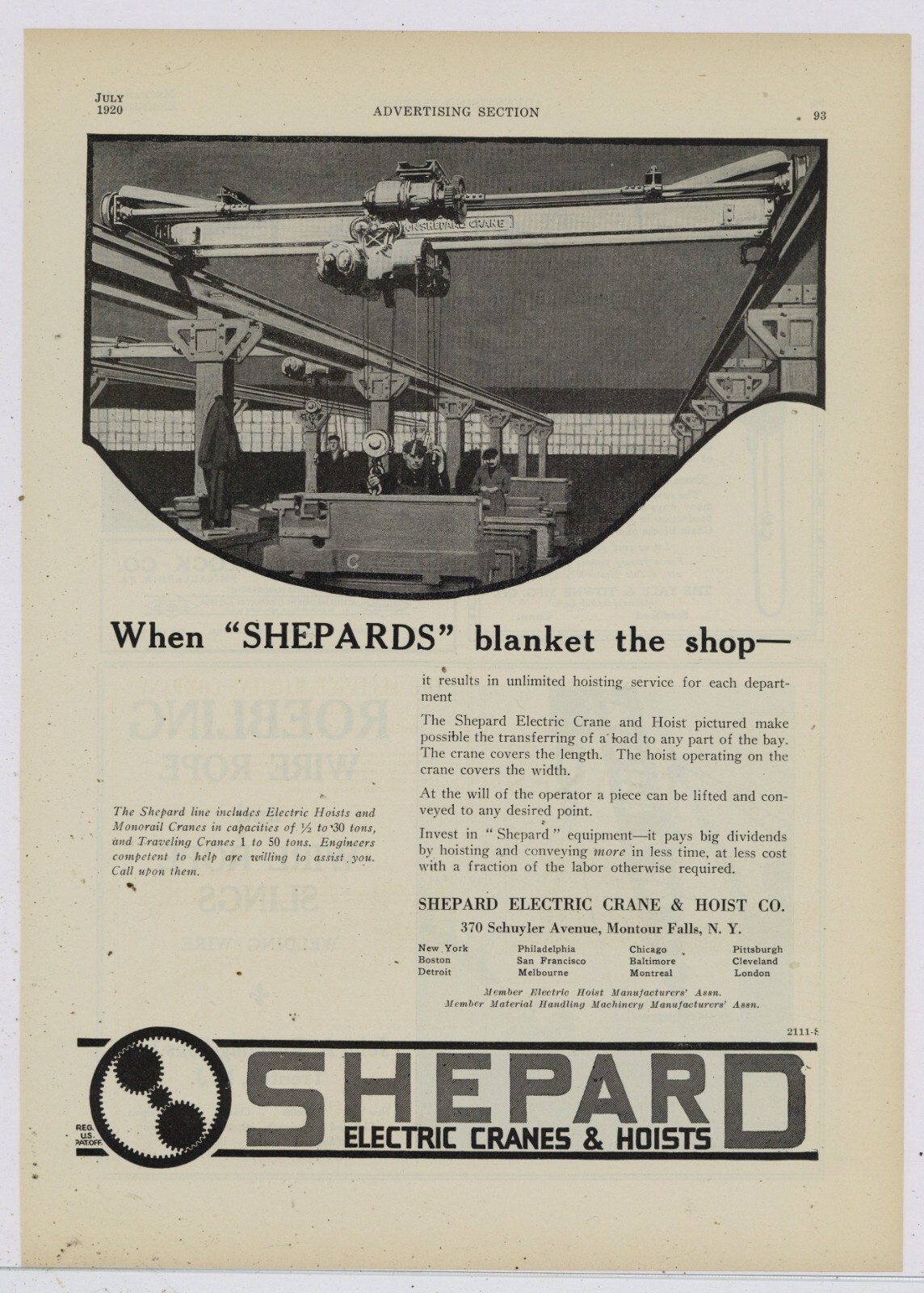 1920 Sheppard Electric Crane & Hoist Co. Ad: Montour Falls, New York | eBay