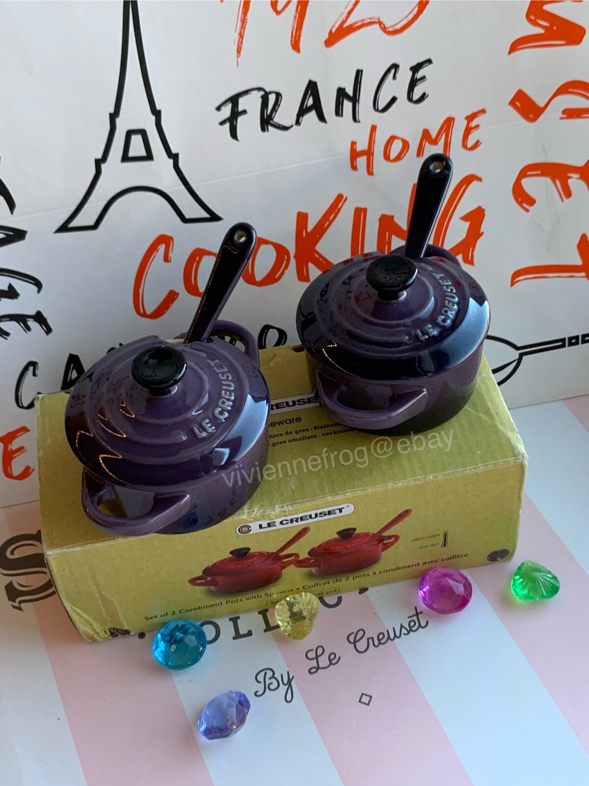LE CREUSET CASSIS PURPLE MINI CONDIMENT POTS W/SPOONS SET of 2 ...