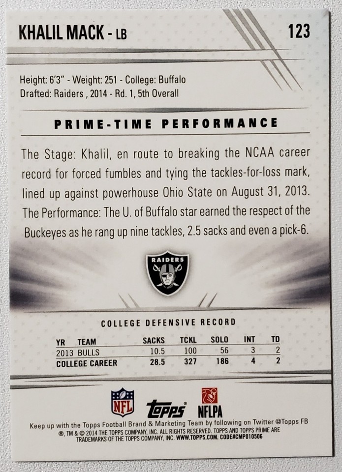 2014 Topps Prime Football Card #123A Khalil Mack Rookie | eBay