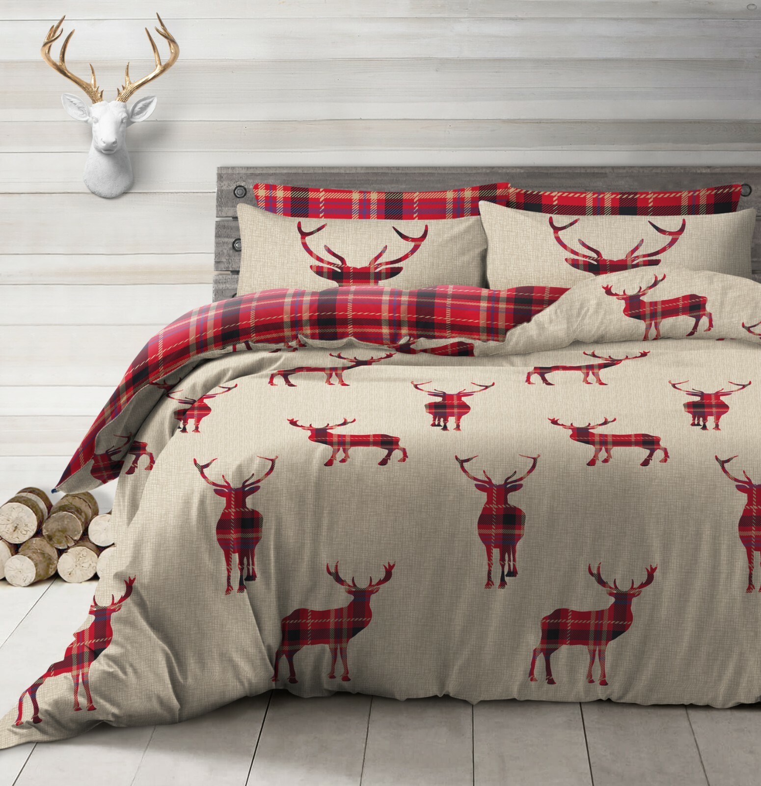 Winter Stag Bedding Set Single Double King Reversible Check Duvet Quilt ...
