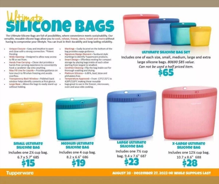Tupperware THE ULTIMATE SILICONE BAGS SET of 4/Oven, Microwave,Freezer ...