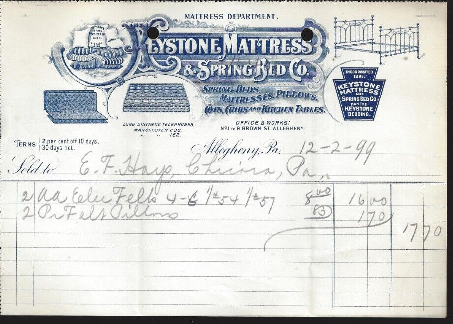 1899 Keystone Mattress & Spring Bed Co. Allegheny Pa Receipt Antique ...