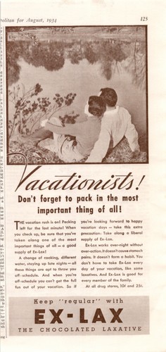 Ex-Lax Ad: Vintage 1934 - Vacationist Reminder - Chocolated Laxative ...