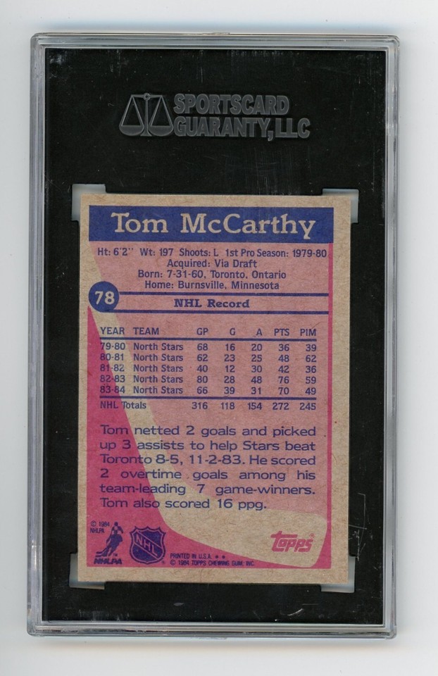 1984-1985 Topps Hockey Tom McCarthy #78 Minnesota North Stars SGC 9 ...