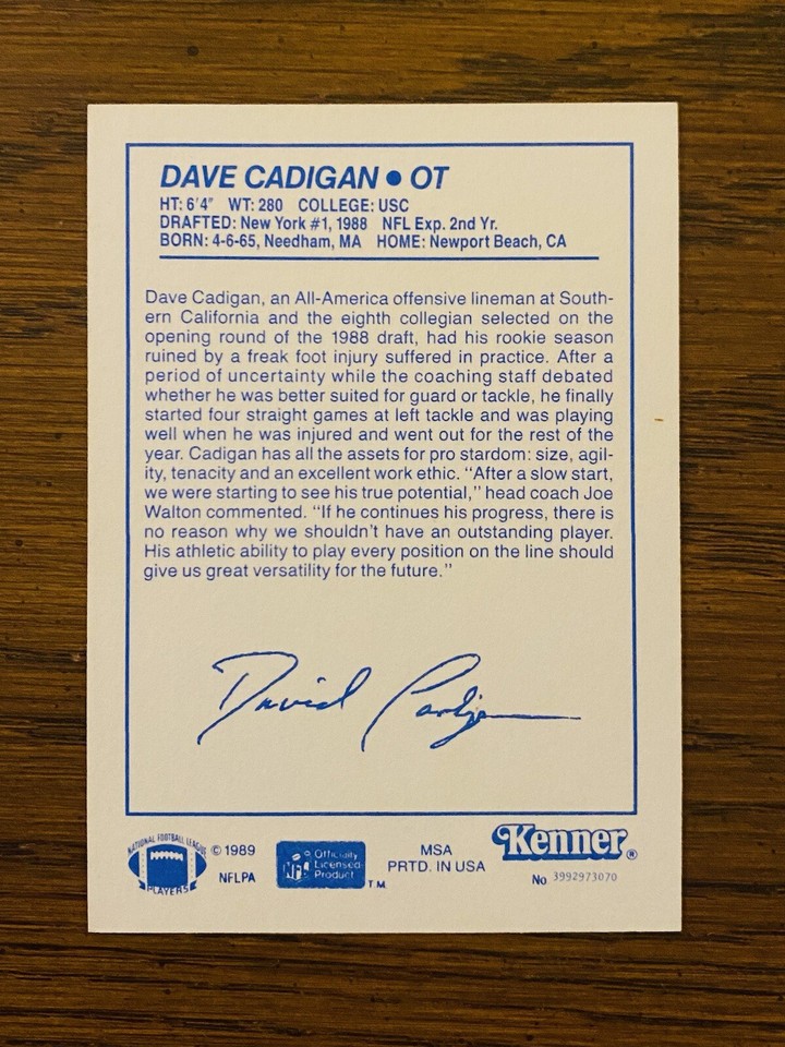 1989 DAVE CADIGAN New York Jets Starting Lineup Card RARE Kenner | eBay