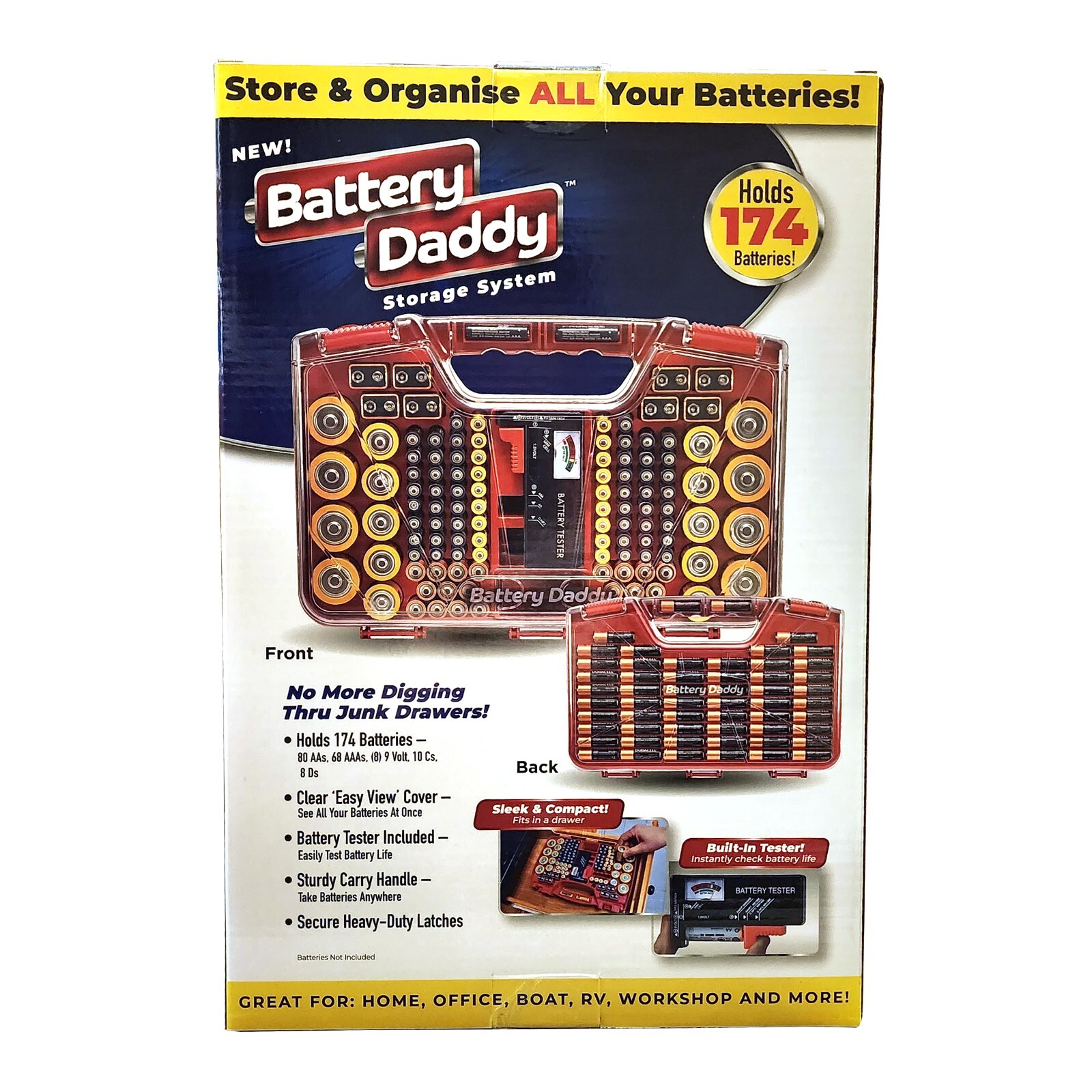 Battery Daddy Battery Organiser and Storage Case with Tester Holds 174 ...