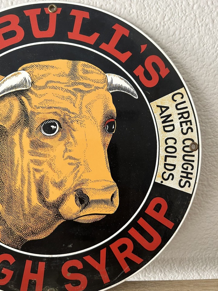 VINTAGE DR. BULL'S COUGH SYRUP PORCELAIN SIGN GAS STATION PHARMACY ...