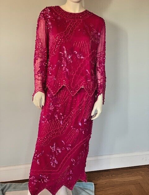 Vintage Hot Pink 100% Silk Beaded Sequined Semi Sheer India Top & Skirt ...