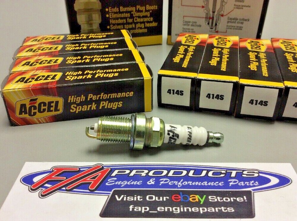 8 Accel 0414S-4 Shorty Header HP Copper 14mm Gasket Spark Plug 2 Packs ...