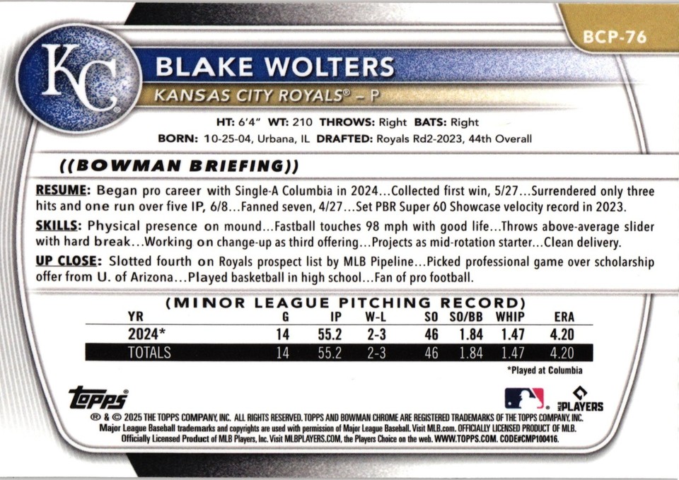 2025 Bowman GREEN REPTILIAN Blake Wolters #BCP-76 Kansas City Royals | eBay
