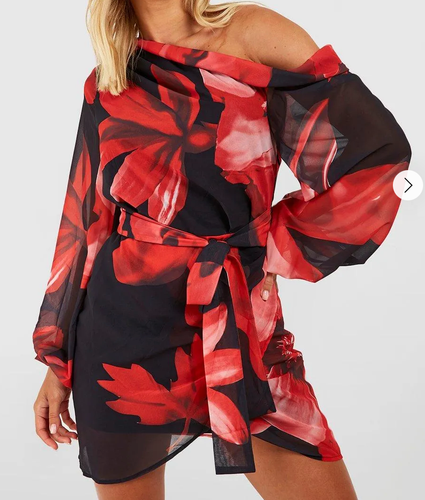 NWT Boohoo Red/Black DRAMATIC FLORAL CHIFFON 1-Shoulder MINI DRESS ...