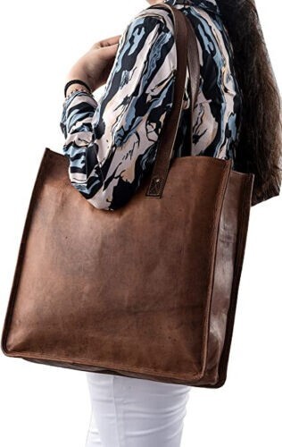 14X14 Inch Large Real Goat Leather Shoulder Bag Tote Shopping Brown ...