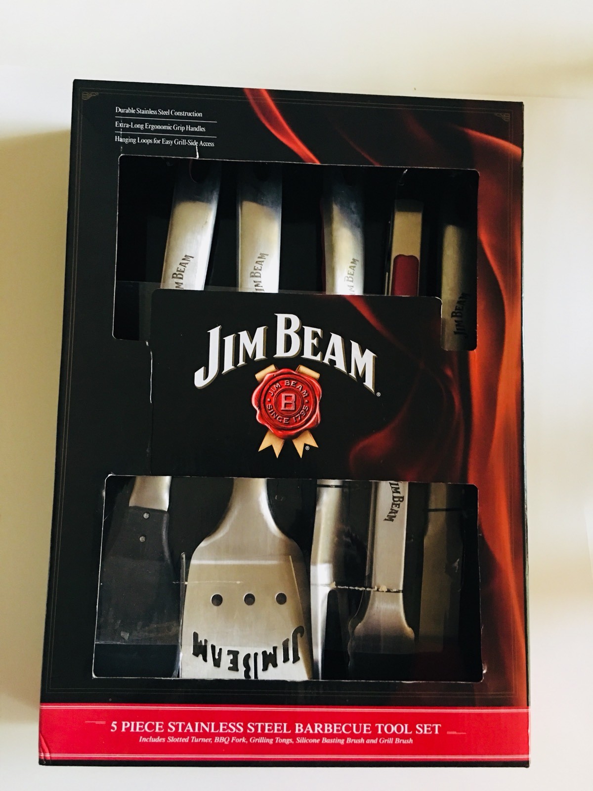 Jim Beam 5-Piece Stainless Steel Extra Long Ergonomic Grip Handles BBQ ...