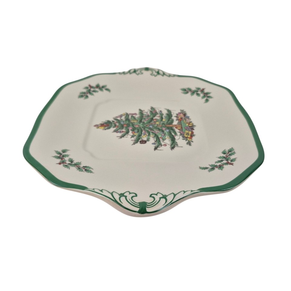 Spode Christmas Tree Handled Cake Plate S3324 R England Green Trim ...