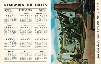 Postcard Calendar 1957-58 Reunion Dance Jug End Barn Great Barrington ...