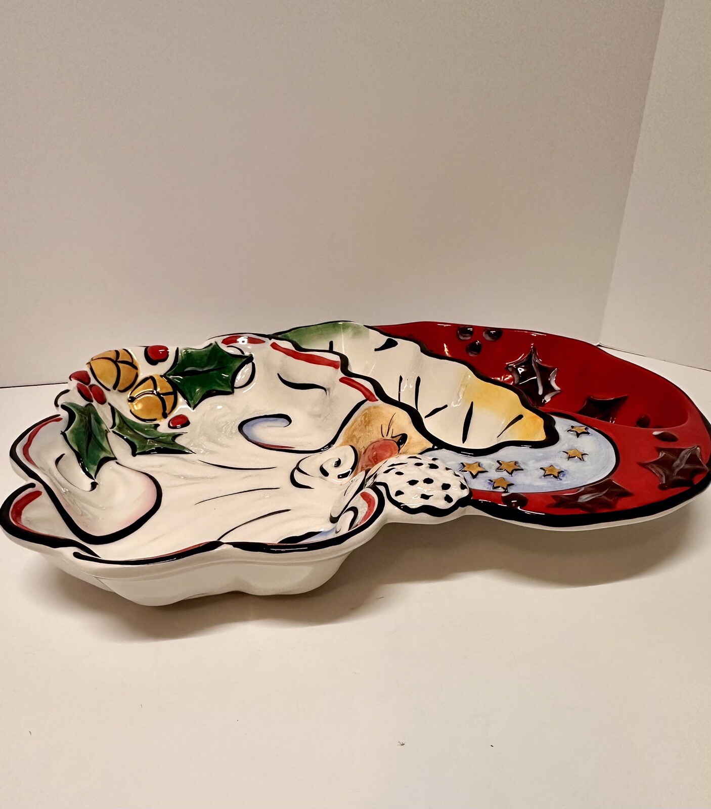 Lg 16”Stonelite Clay Art Merry Santa Divided 3-Part Chip & Dip ...