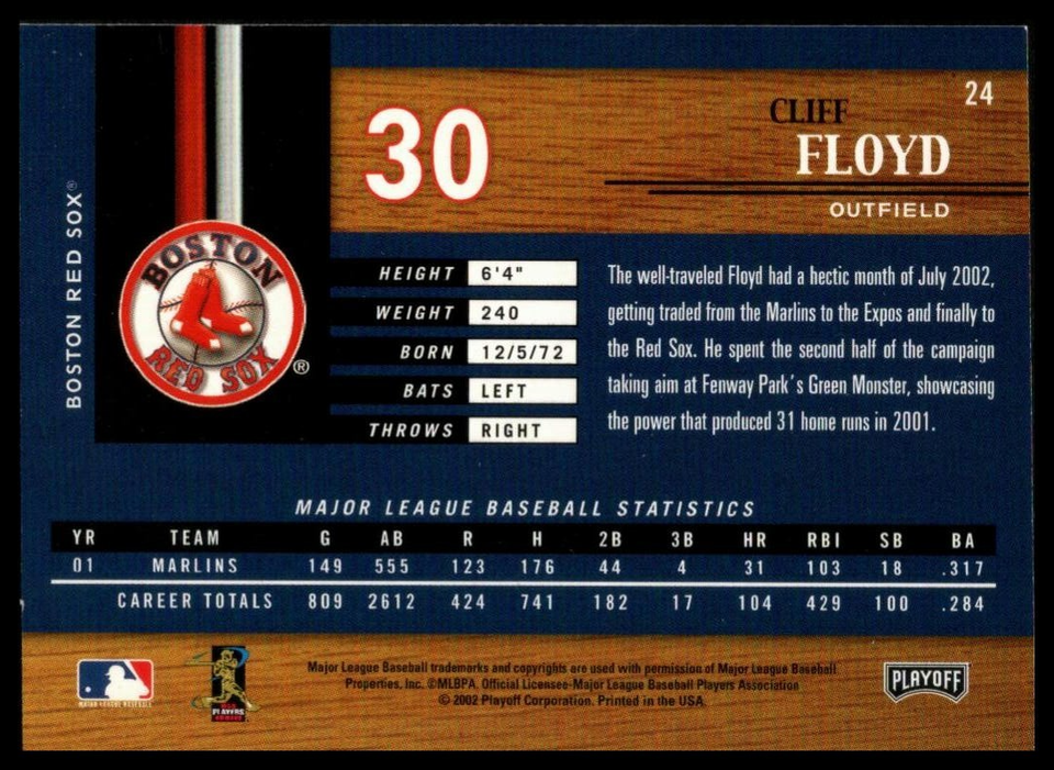 2002 PLAYOFF PIECE OF THE GAME #24 CLIFF FLOYD BOSTON RED SOX | eBay