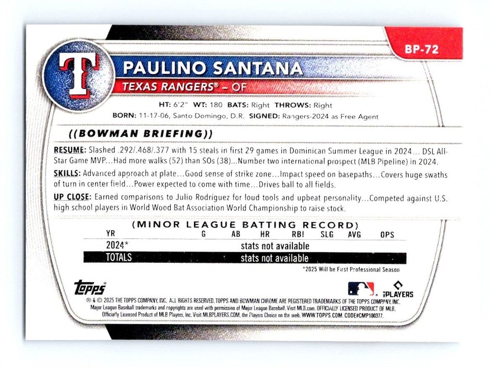 #BP-72 2025 Bowman Prospects Paulino Santana Texas Rangers | eBay