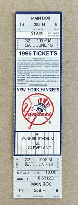 June 15 1996 New York Yankees vs Cleveland Ticket Stub Seat 8 | eBay