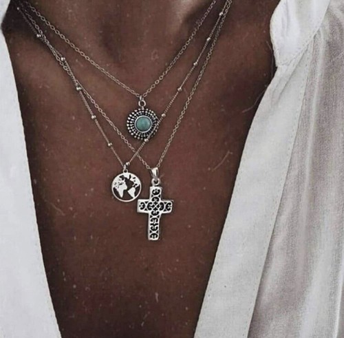 Jovono Boho Layered Turquoise Pendant Necklaces Silver Cross Map ...