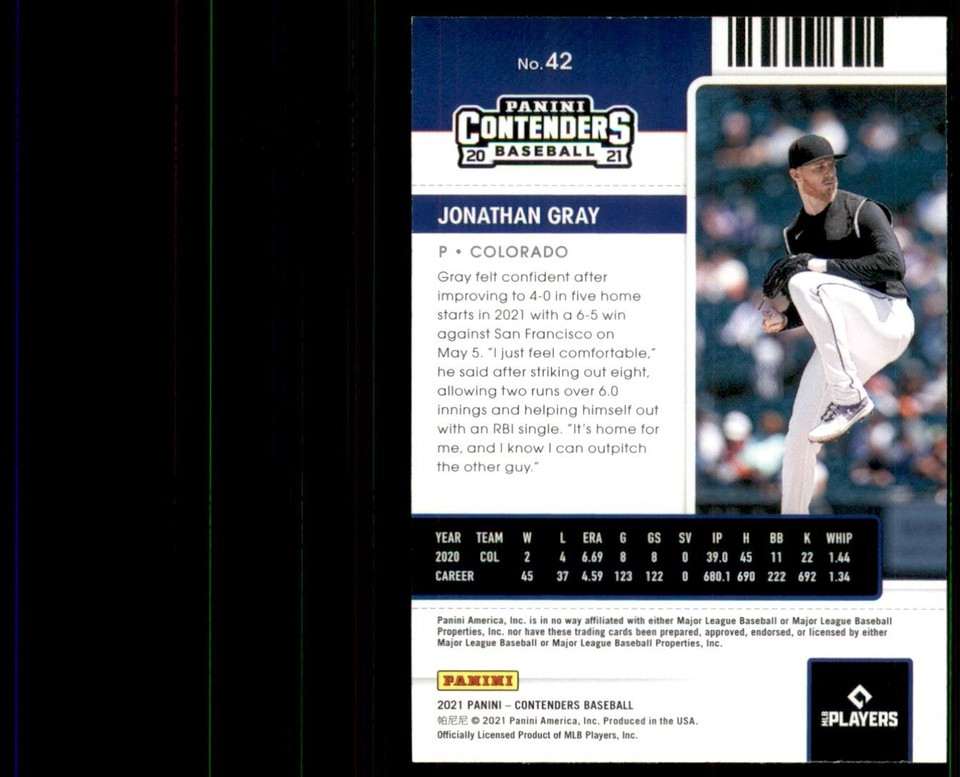 2021 Panini Contenders Colorado Rockies Baseball Card #42 Jonathan Gray ...