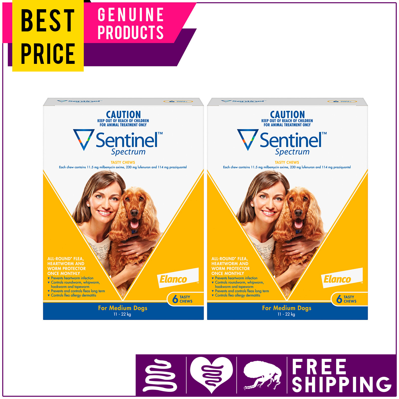 SENTINEL SPECTRUM Flea Heartworm Control for Dog 11 to 22 Kg 6,12 Doses ...
