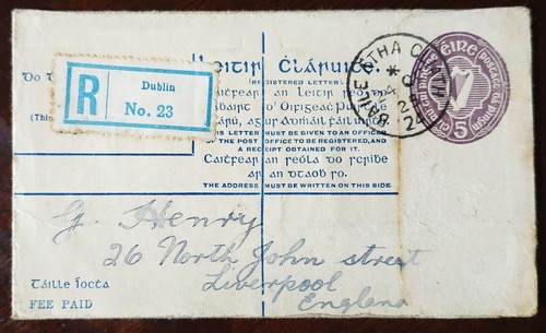 IRELAND 1924 REGISTERED 5d VIOLET POSTAL STATIONERY ENVELOPE SIZE F ...