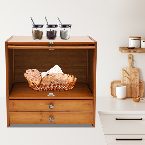 Flip-Up Door Kitchen Cabinet with 2 Drawers Bamboo Countertop Organizer ...