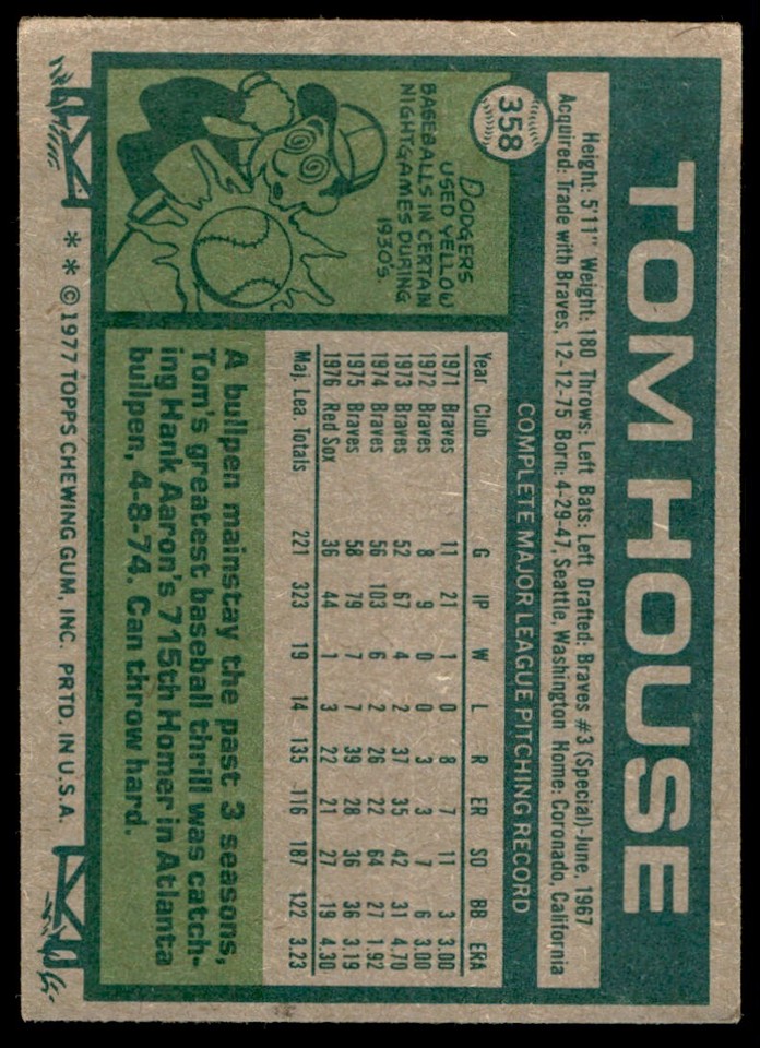 1977 Topps Tom House Baseball Cards #358 | eBay