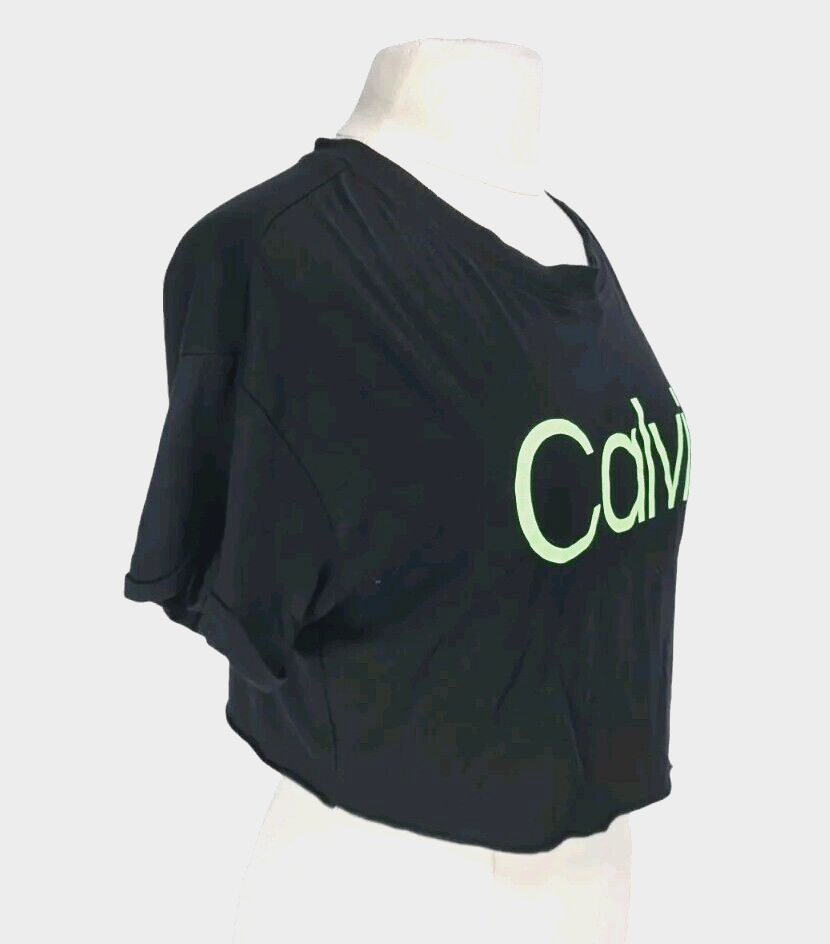 Calvin Klein Womens Crop Top T-Shirt Size M Black Logo Spell Out Crew ...