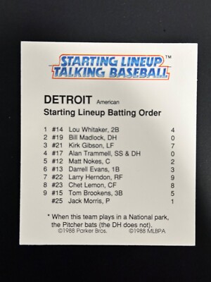 1988 PARKER BROTHERS STARTING LINEUP TALKING BASEBALL DETROIT BATTING ...