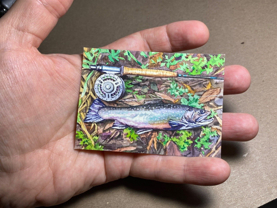 Watercolor Painting Fly Fishing Rod Fish Trout River ACEO Art No.243 | eBay