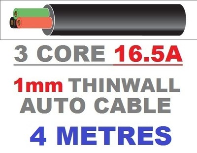 3 CORE AUTO CABLE 1.0mm 16.5 AMP CAR WIRE 4 METRES MULTICORE THINWALL ...