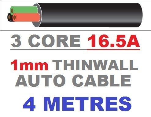 3 CORE AUTO CABLE 1.0mm 16.5 AMP CAR WIRE 4 METRES MULTICORE THINWALL ...