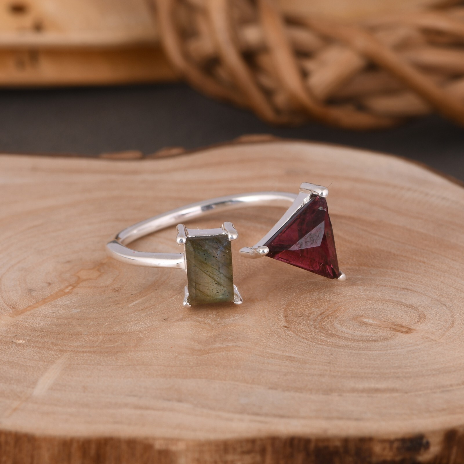 Silver 2 Different Shape Stone Ring Red Garnet & Labradorite Open ...