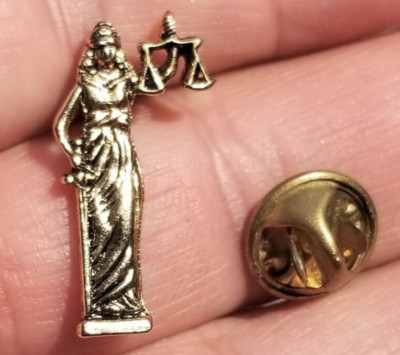 VTG PIN: 1" Gold Color Metal LADY JUSTICE IS BLIND w/SCALES & SWORD ...
