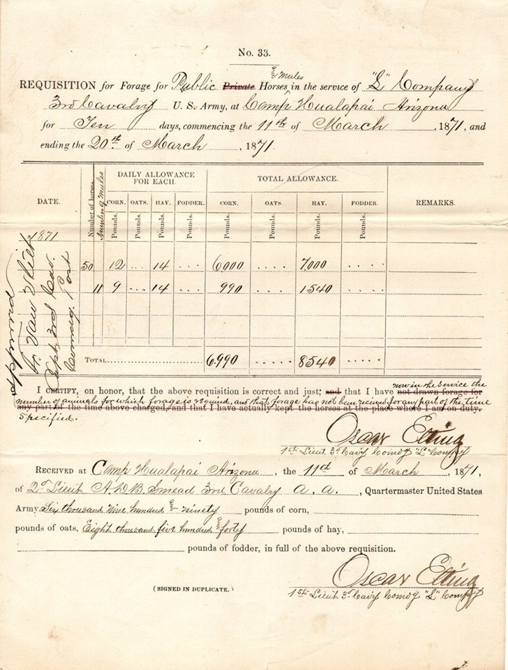 1871, Fort Hualapai, A.T., 3rd Cavalry, Captain Van Vliet, Oscar Elting ...