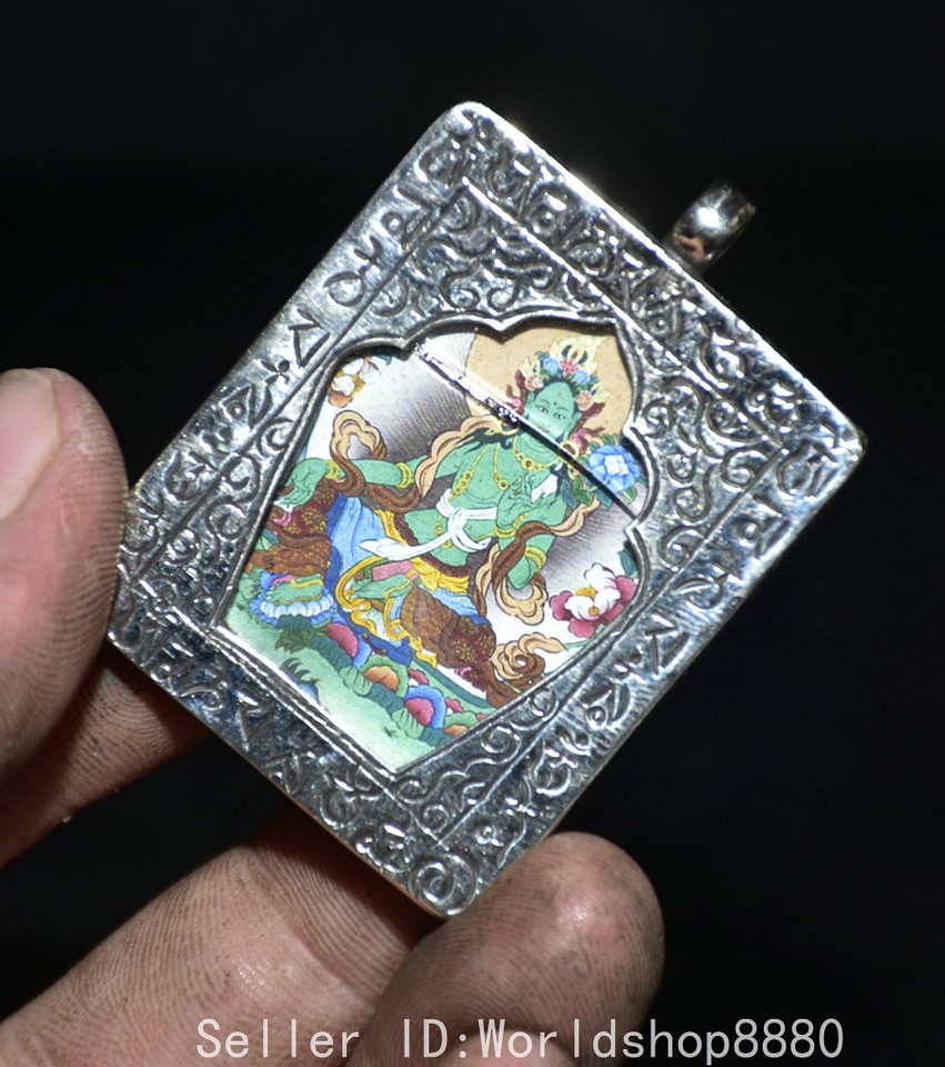2.2" Old Tibetan Silver Green Tara enlightenment Goddess Tangka Amulet ...