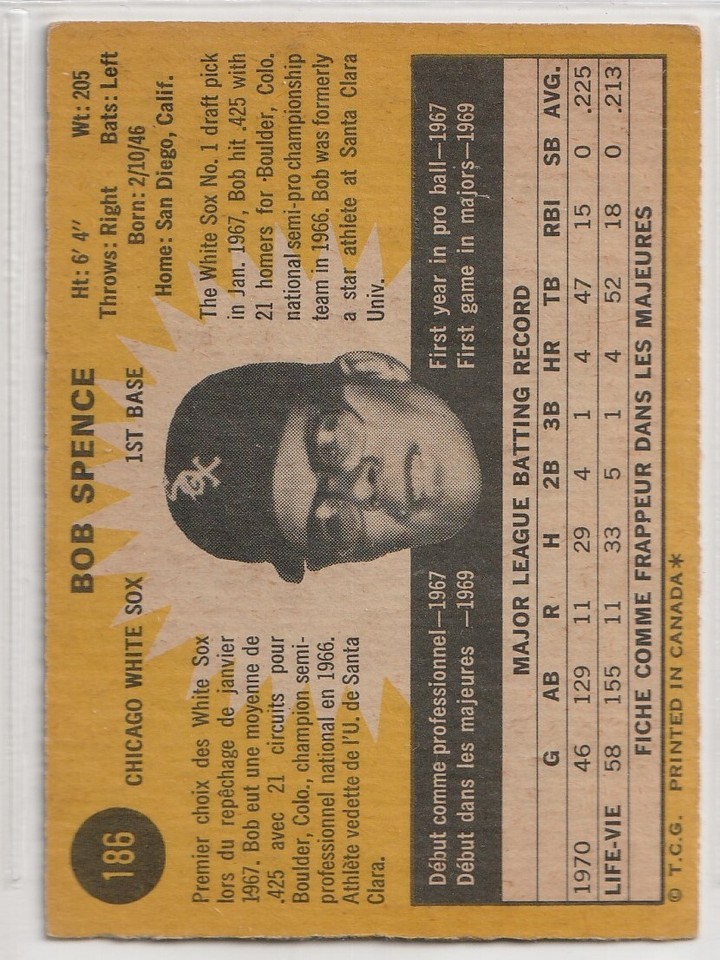 1971 OPC O-Pee-Chee #186 Bob Spence Chicago White Sox | eBay