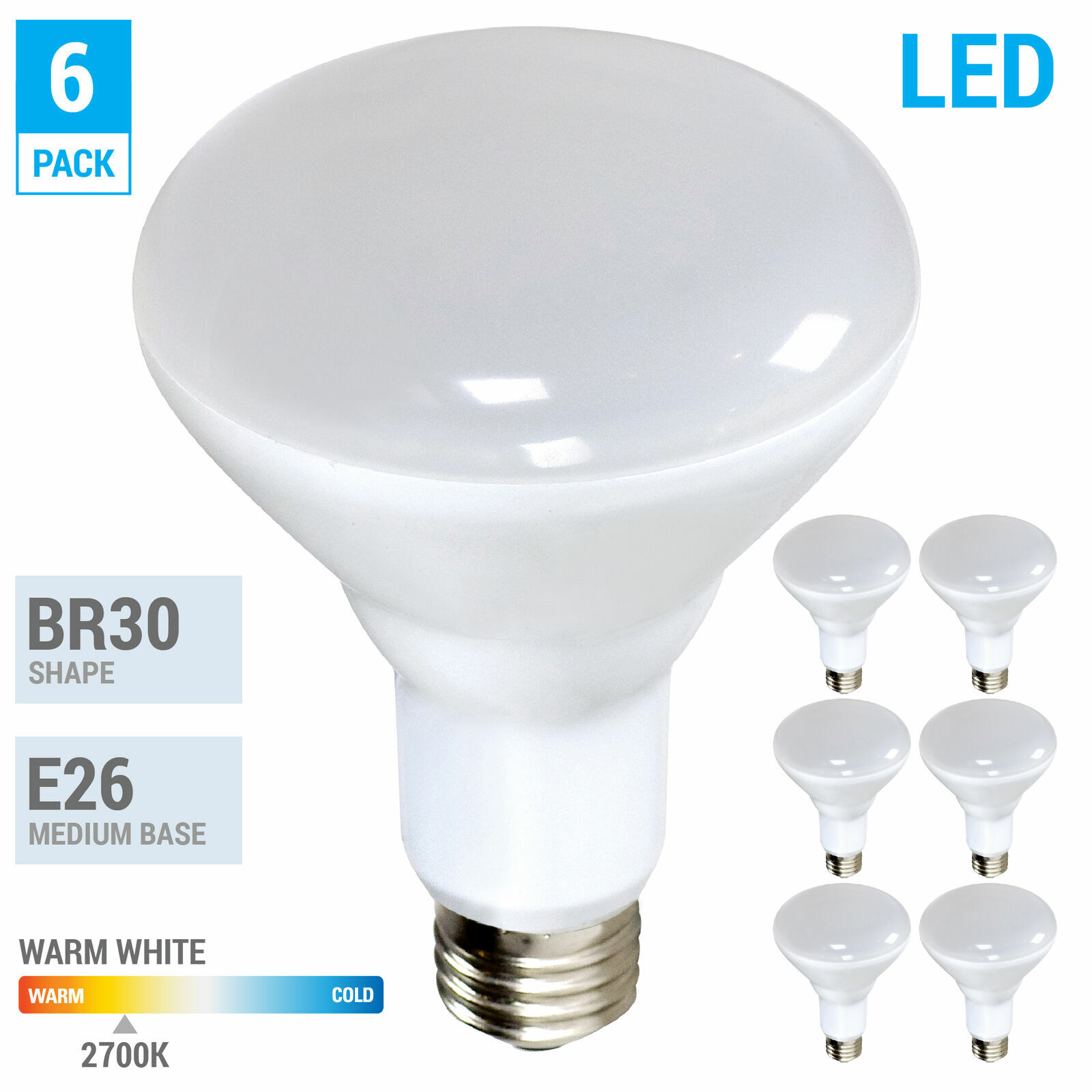 6 Pack BR30 LED 10W Watt 120V 700 Lumens Medium E26 Dimmable 2700K Warm ...