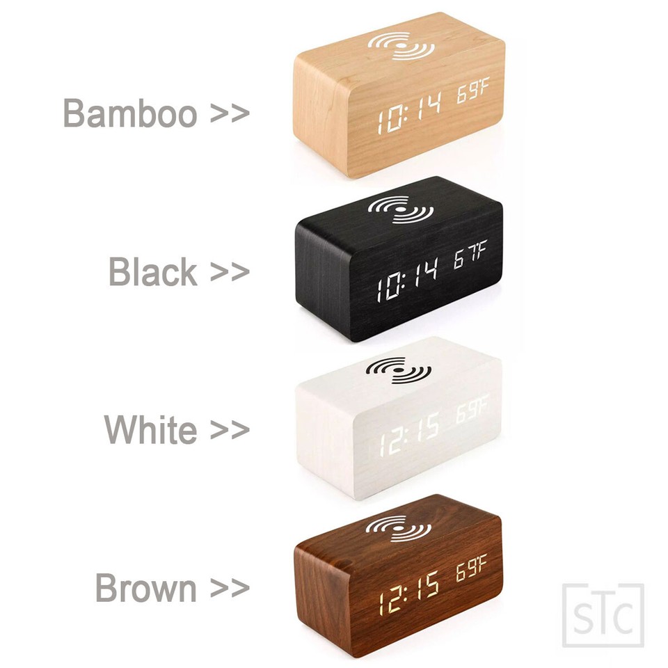 Modern Wooden Wood Digital LED Desk Alarm Clock Thermometer Qi Wireless ...